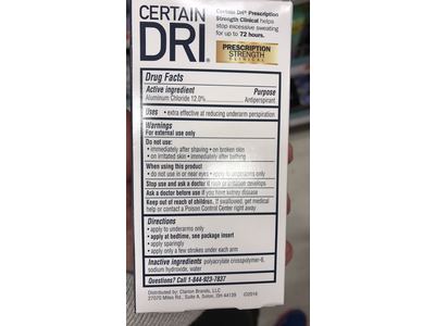 Certain Dri Prescription Strength Clinical Roll On, 1.2 oz Ingredients ...