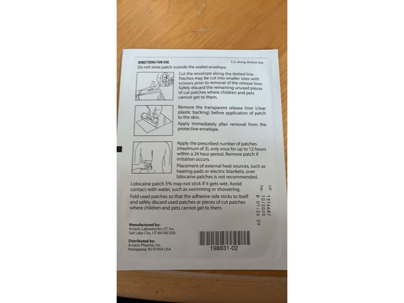 Lidocaine Patch 5%, 1 Patch, Actavis (RX) Ingredients and Reviews